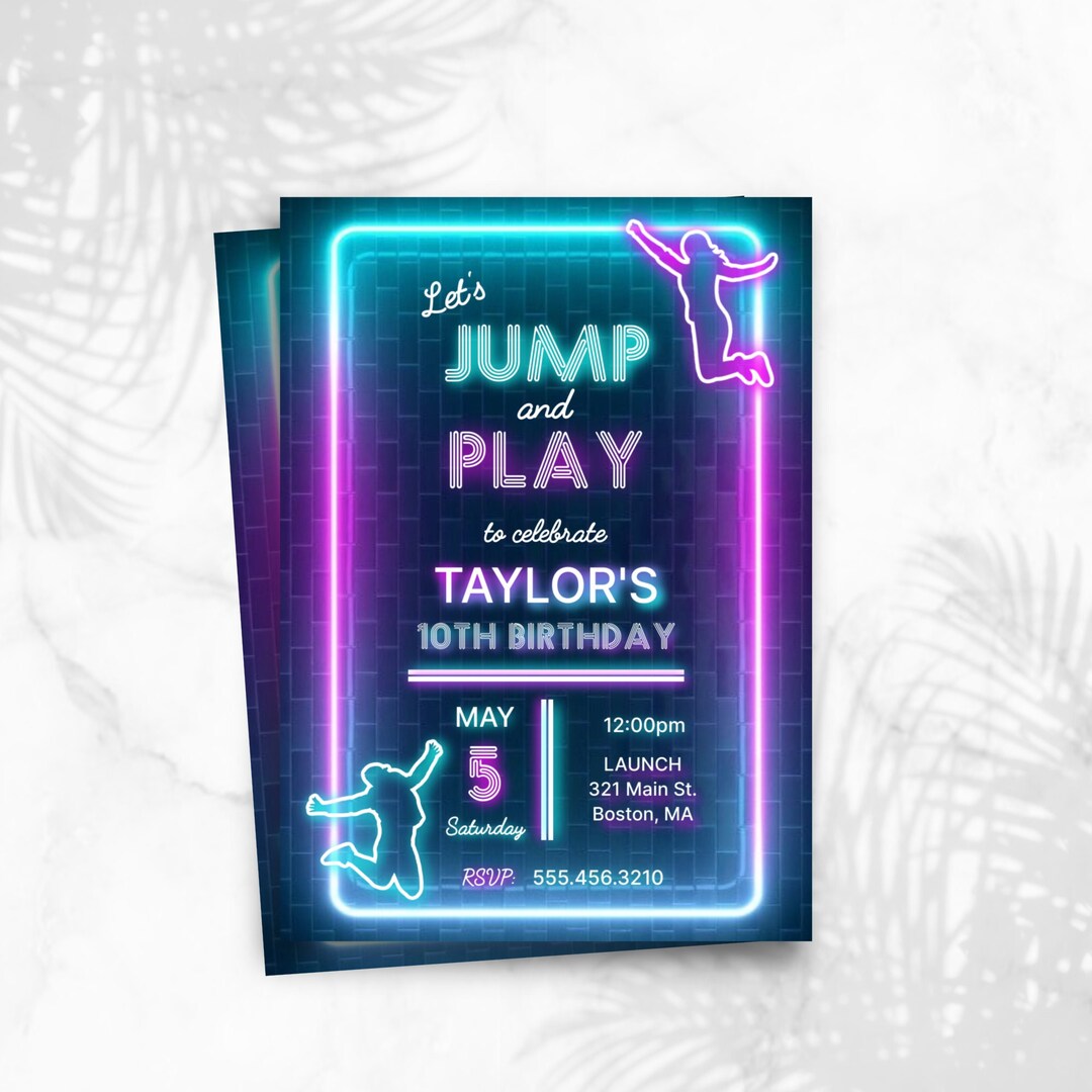 Girls Jump Birthday Invitation, Glow Jump and Play Invite, Neon Jump ...