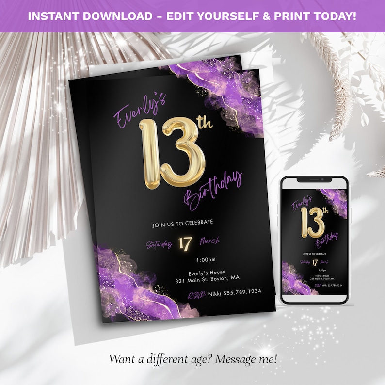 Purple and Gold 13th Birthday Invitation, Foil Balloon (digital ...