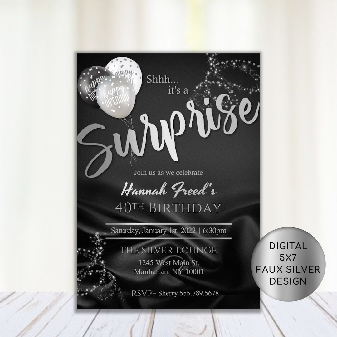 Surprise Party Invitation Digital Download, Any Age Black and Silver ...