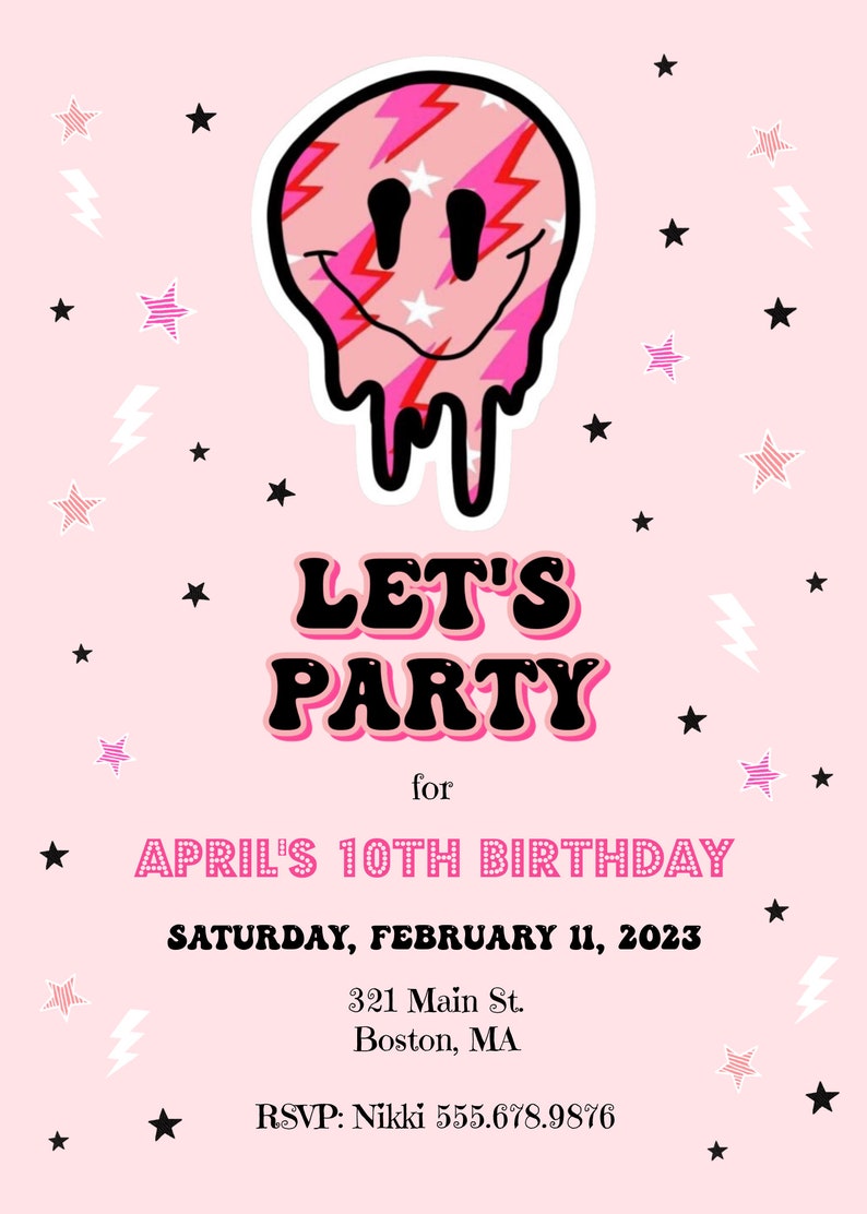 Smiley Face Birthday Invitation Teen Girl Smiley Face Party Invite Pink ...