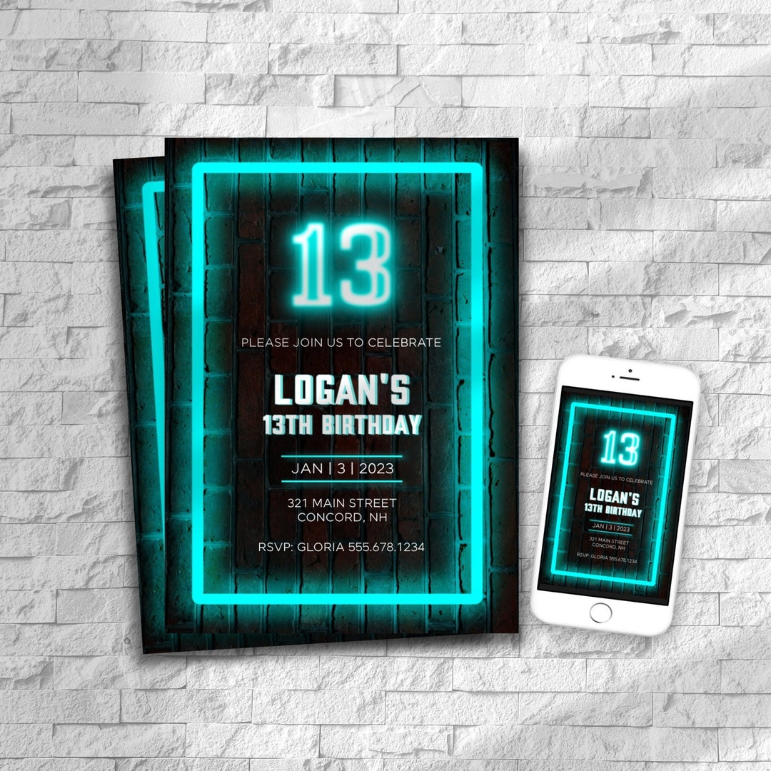 Neon Boys Birthday Invitation, Glow Birthday Invitation Boys, Teenager ...