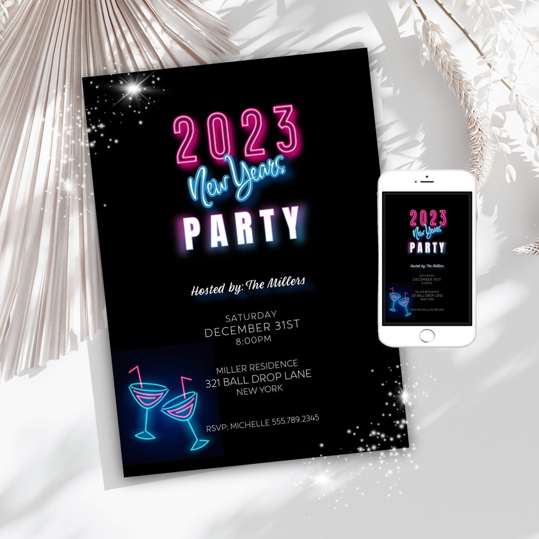 New Years Eve Invitation, Digital NYE Party Invitation, Neon New Years ...