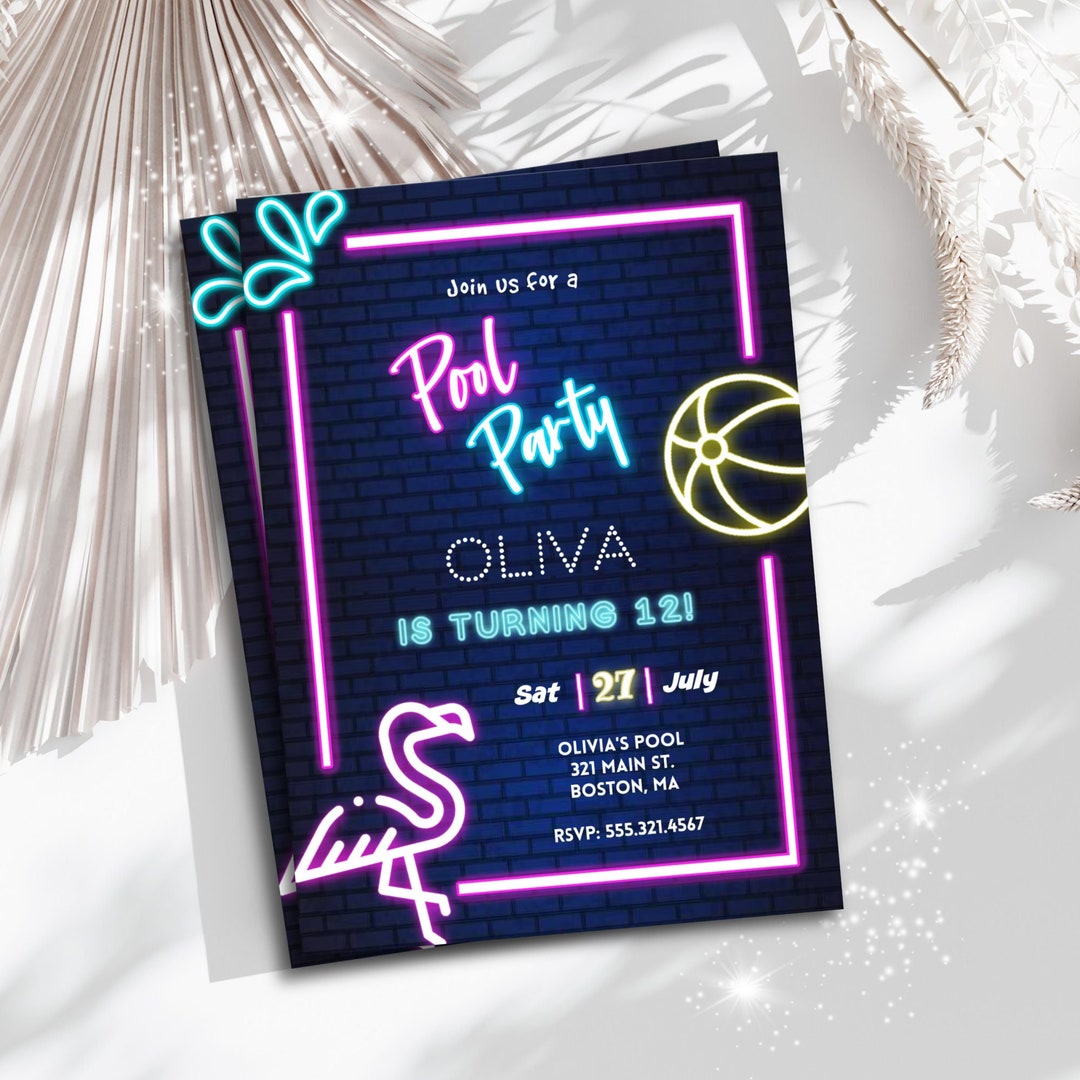 Neon Pool Party Invitation, Printable Birthday Invitation, Summer Pool ...