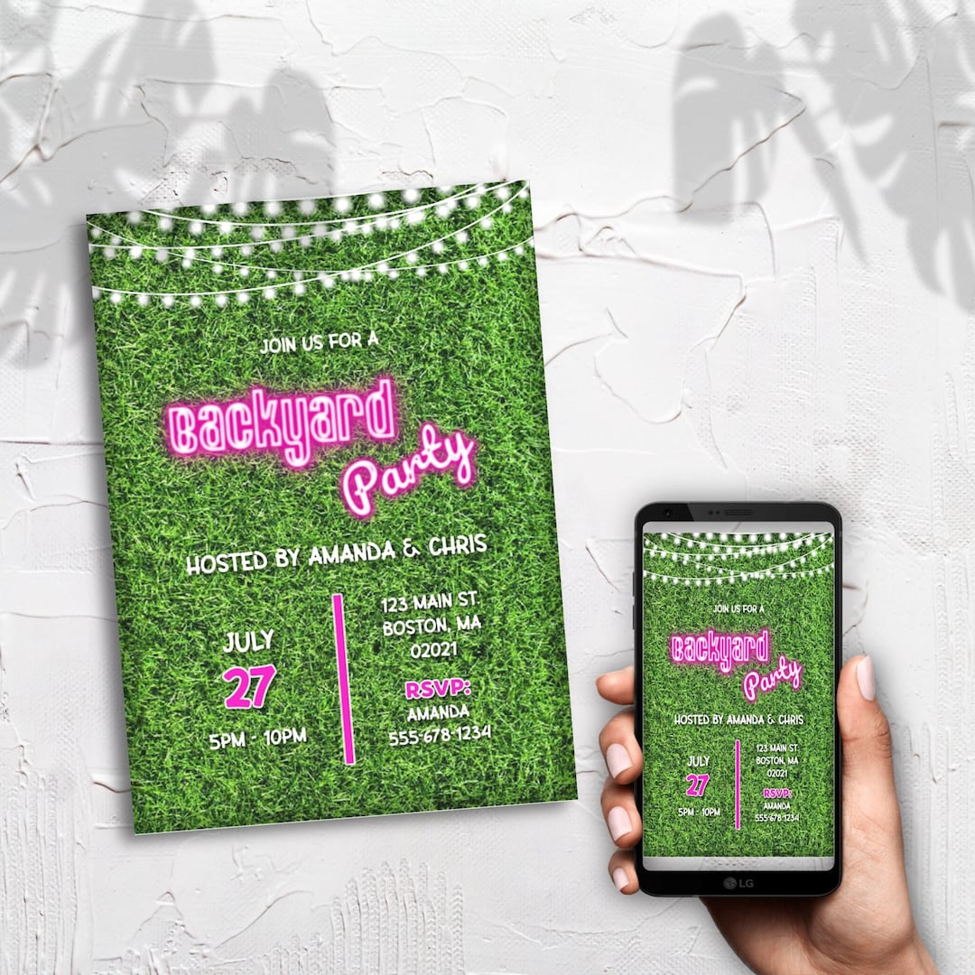 Backyard Party Digital Invitation, Neon Outdoor Invite, BBQ Birthday ...