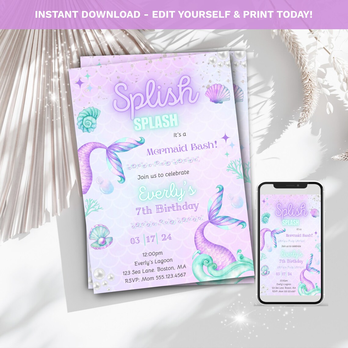 Editable Mermaid Birthday Invitation Template Little Mermaid Under the ...