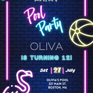 Neon Pool Party Invitation, Printable Birthday Invitation, Summer Pool ...