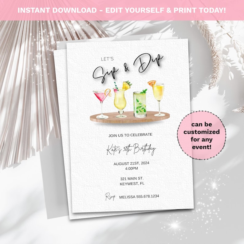 Sip and Dip Pool Party Invitation, Summer Cocktails (digital Template ...