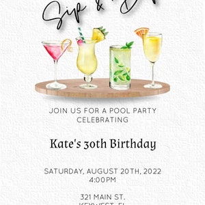 Adult Pool Party Invitation, Sip and Dip Pool Party Invite, Summer Party Invitation, Cocktail ...