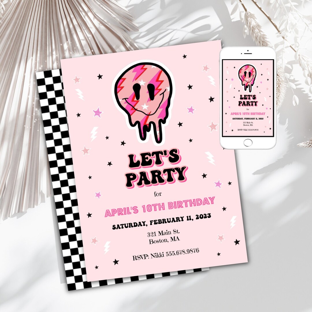 Smiley Face Birthday Invitation Teen Girl Smiley Face Party Invite Pink ...