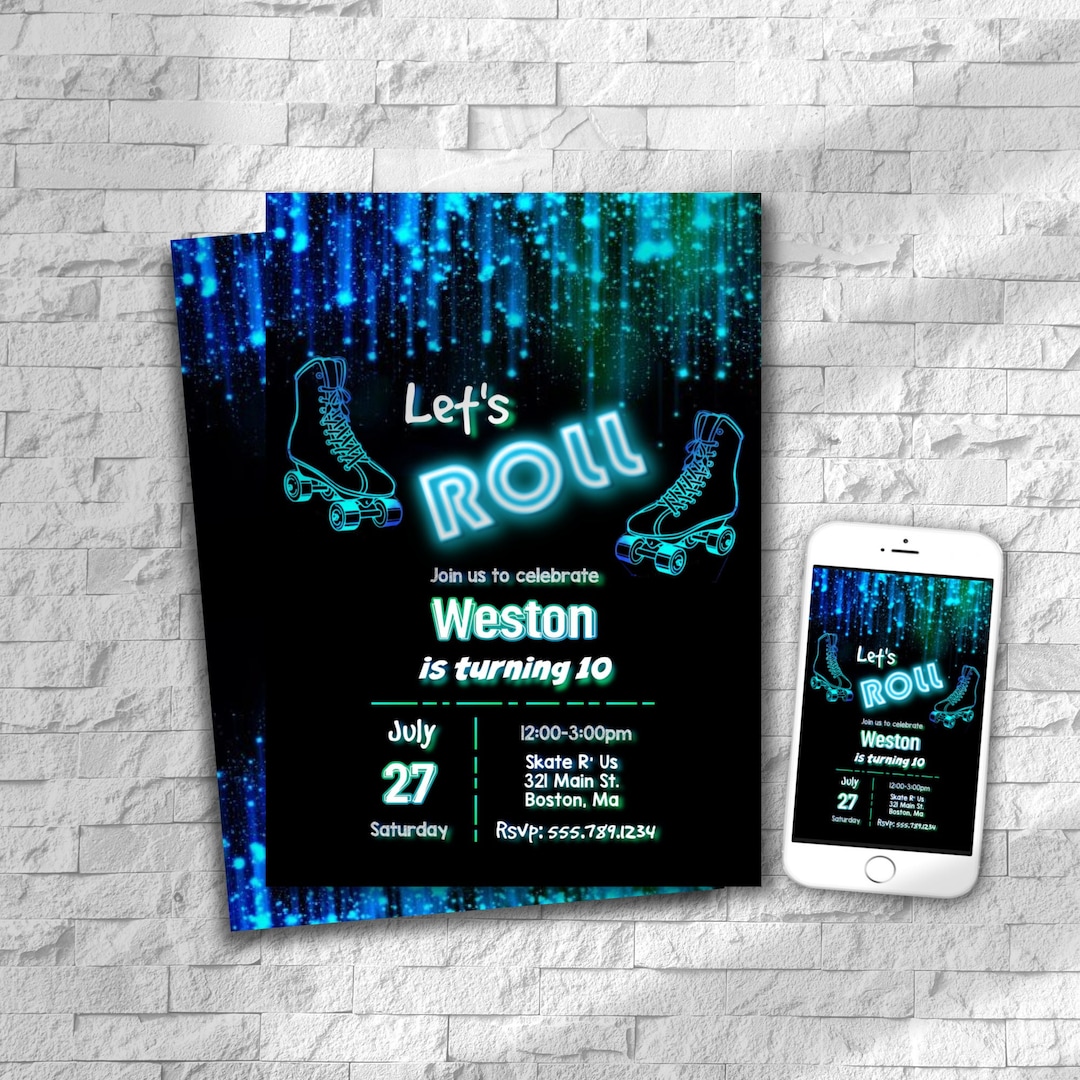 Roller Skate Birthday Invitation, Boys Lets Roll Birthday Party Invite ...