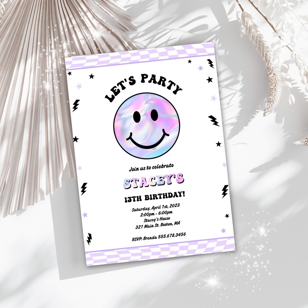 Smiley Birthday Invitation, Modern Smiley Invite, Purple Smiley Face ...
