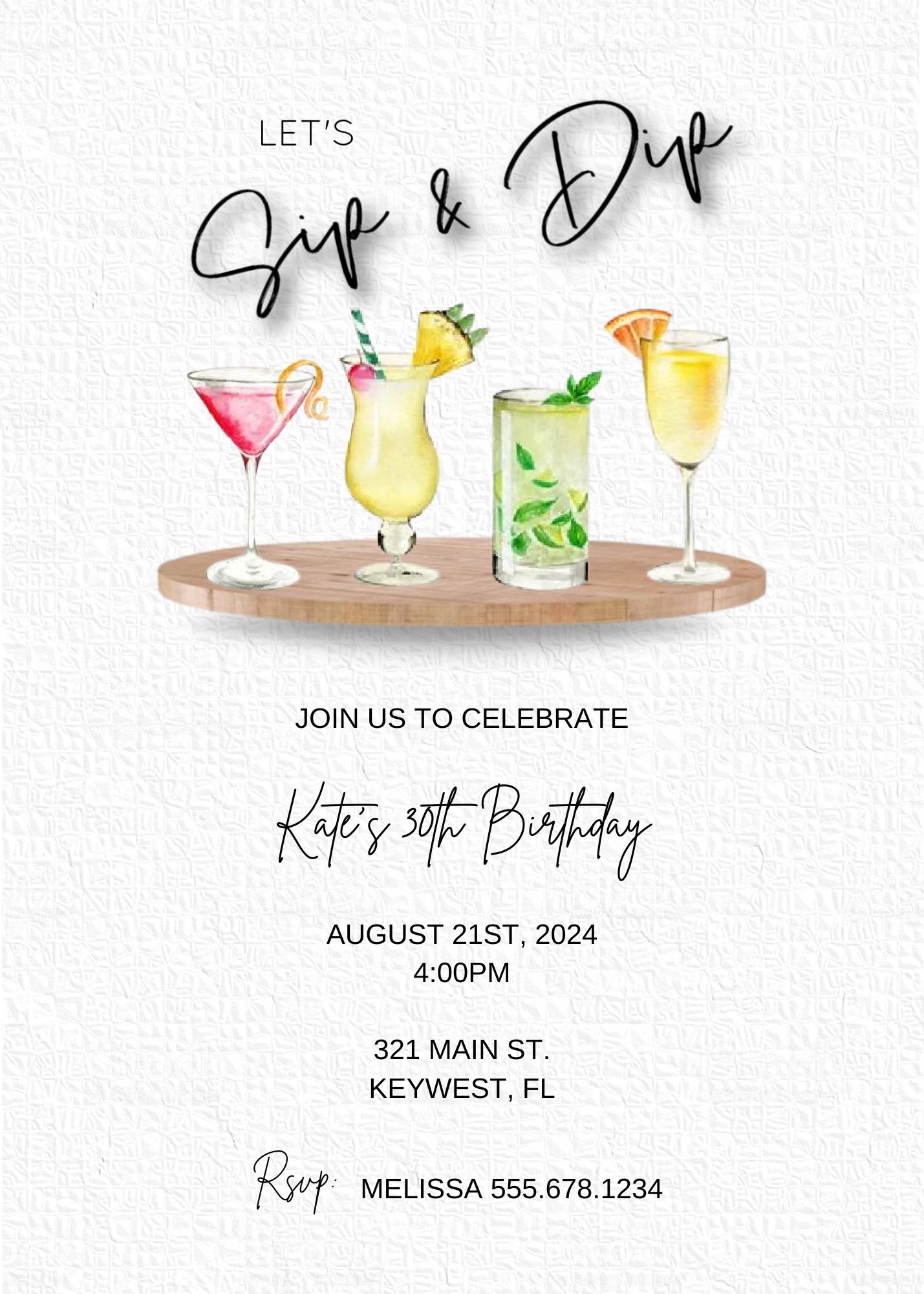 Sip and Dip Pool Party Invitation, Summer Cocktails, Girls Night ...