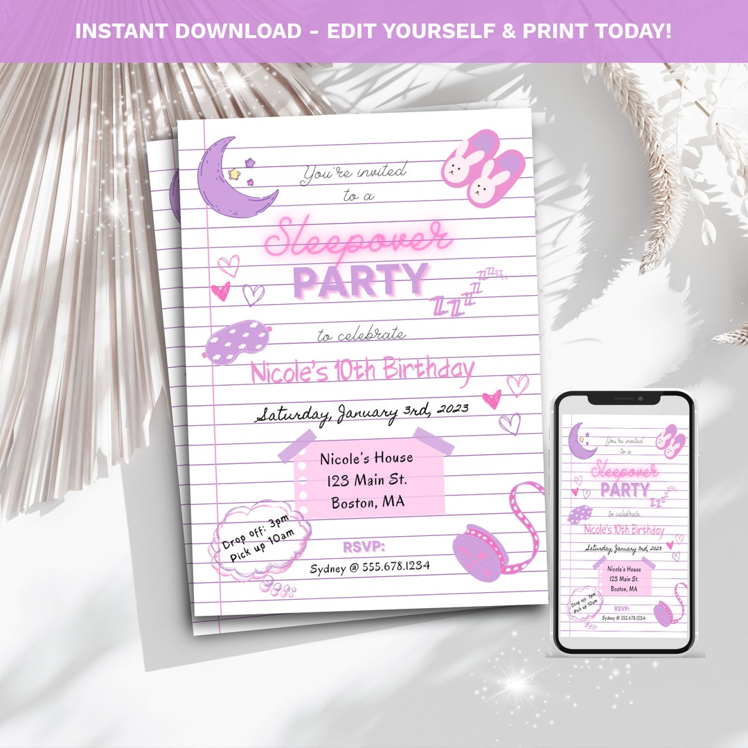 Editable Sleepover Birthday Invitation, Slumber Party, Pajama Party ...