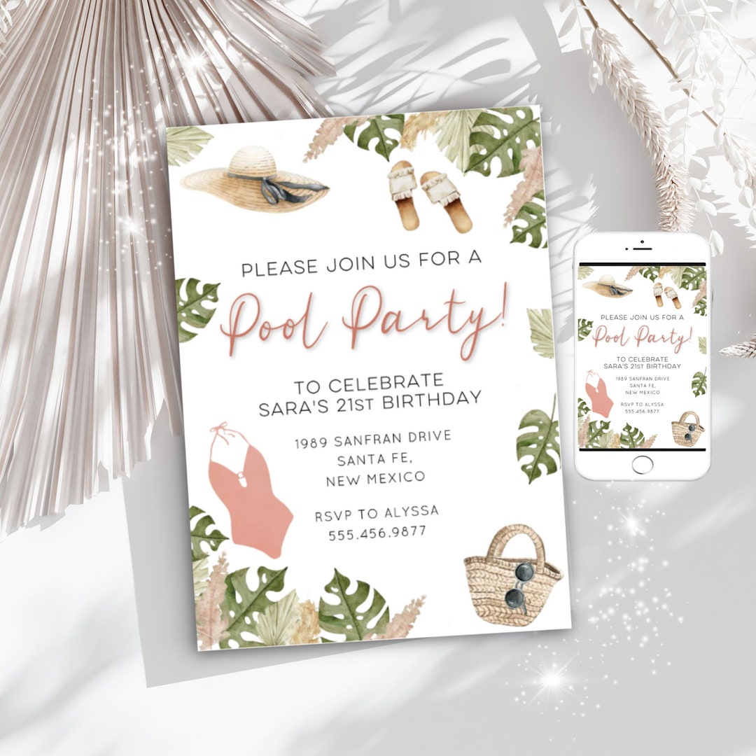 Tropical Pool Party Birthday Invitation, Pool Party Invitation, Adult ...