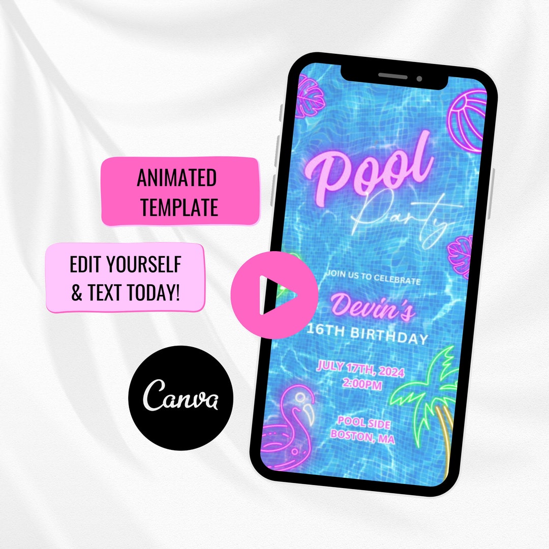 Editable Pool Party Video Invitation, Digital Birthday Invitation Canva ...