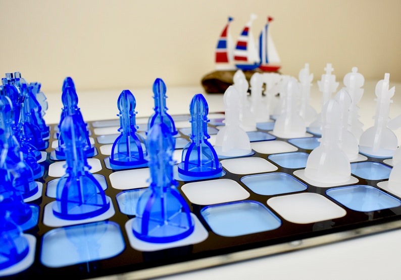 Neon Blue/white Acrylic Chess Set - Modern Office Decor - Father’s Day ...