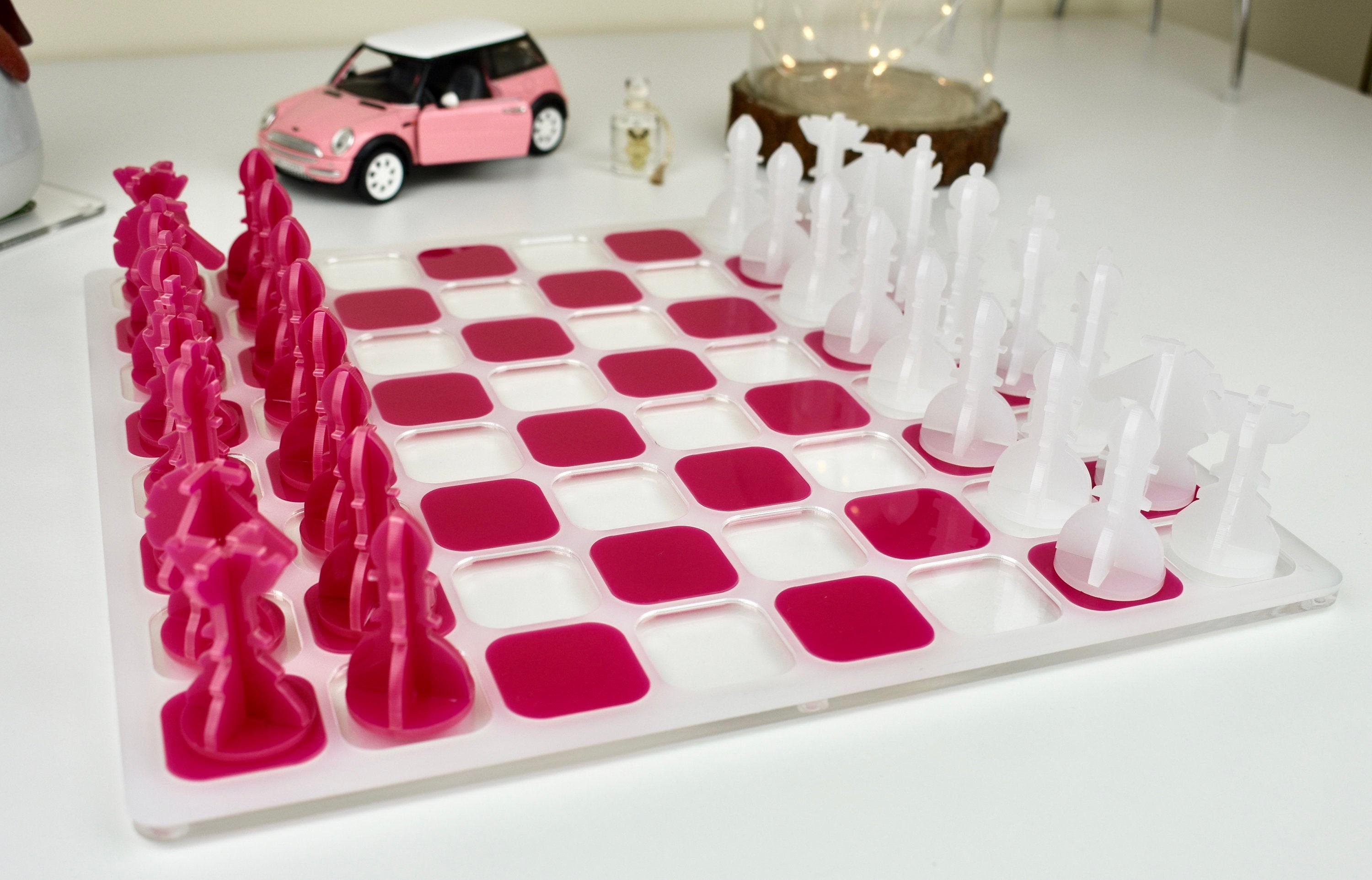 Neon Pink and White Acrylic Chess Set - Unique Home Decor - Family ...