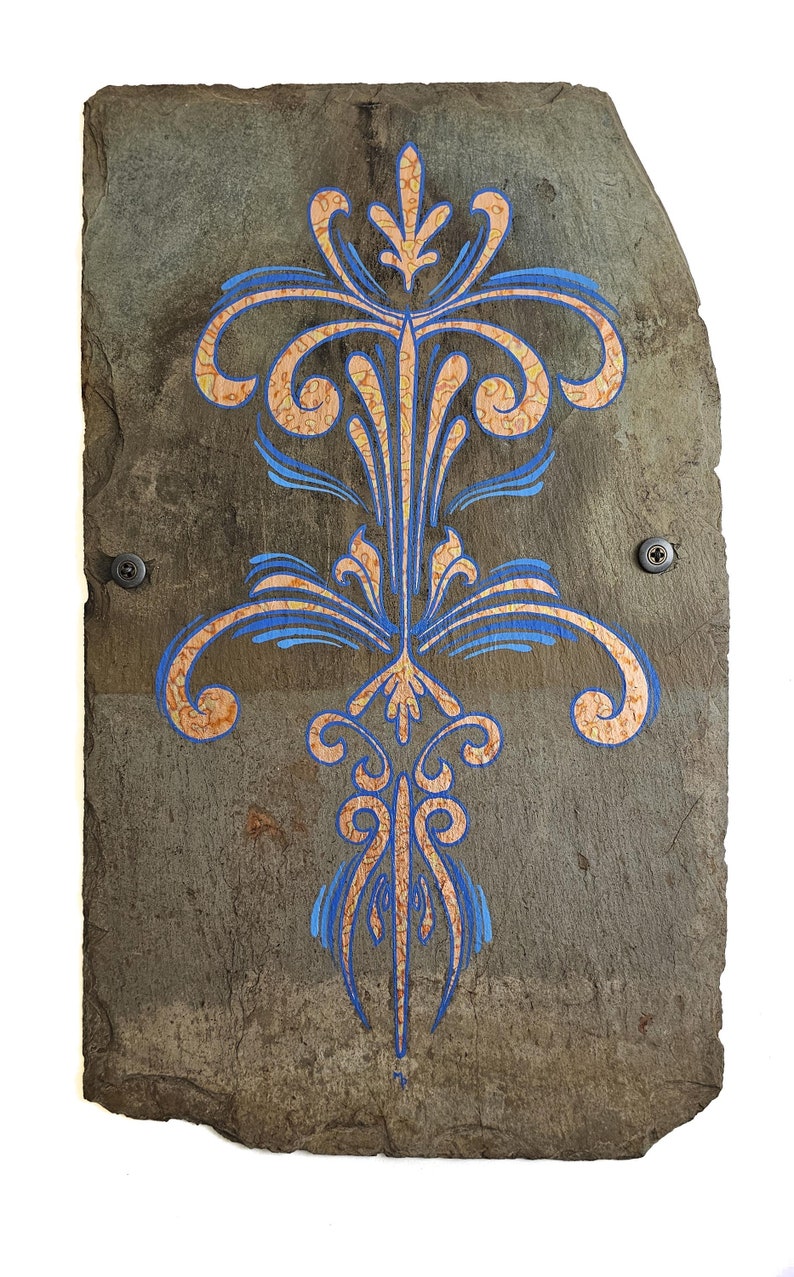 Slate Roof Shingle With Variegated Leaf and Pinstriping, Hand Paint Wall Art, Scrolling - Etsy