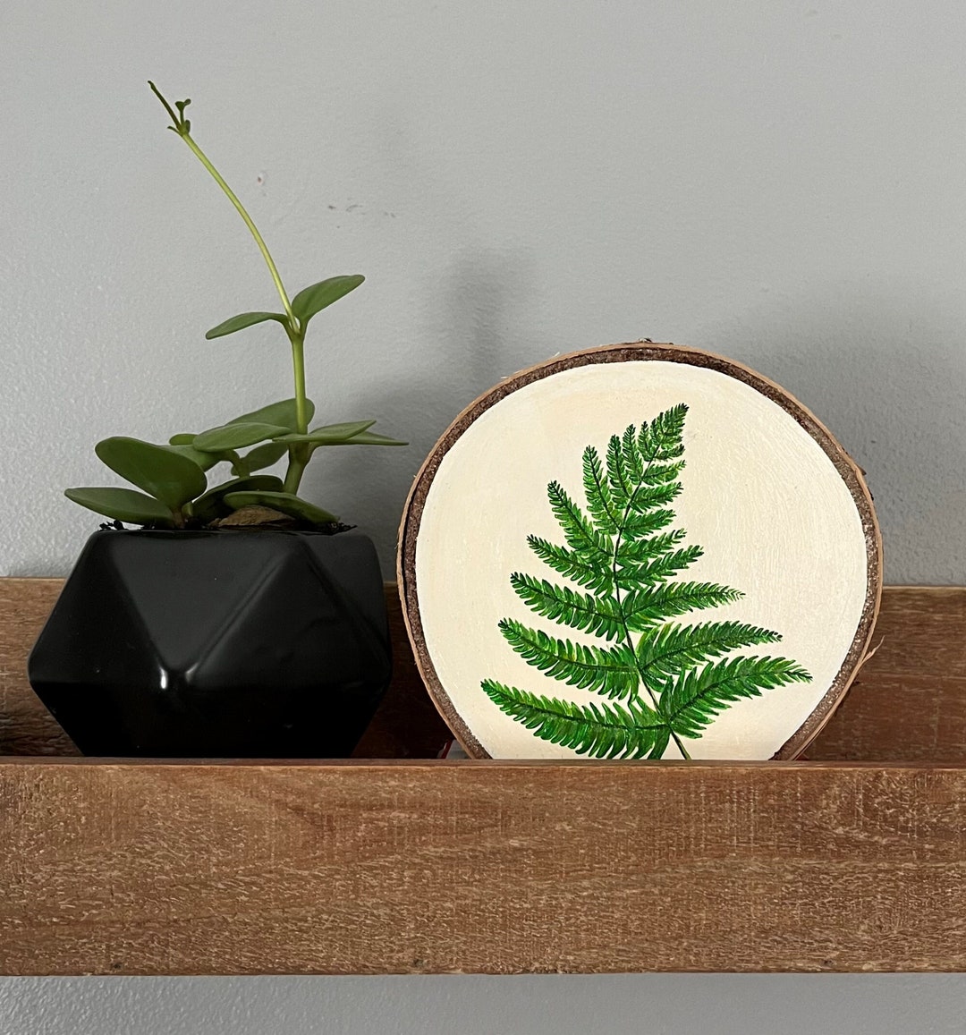 Fern Frond Botanical Style Painting on Live Edge Birch Wood Slab Slice ...