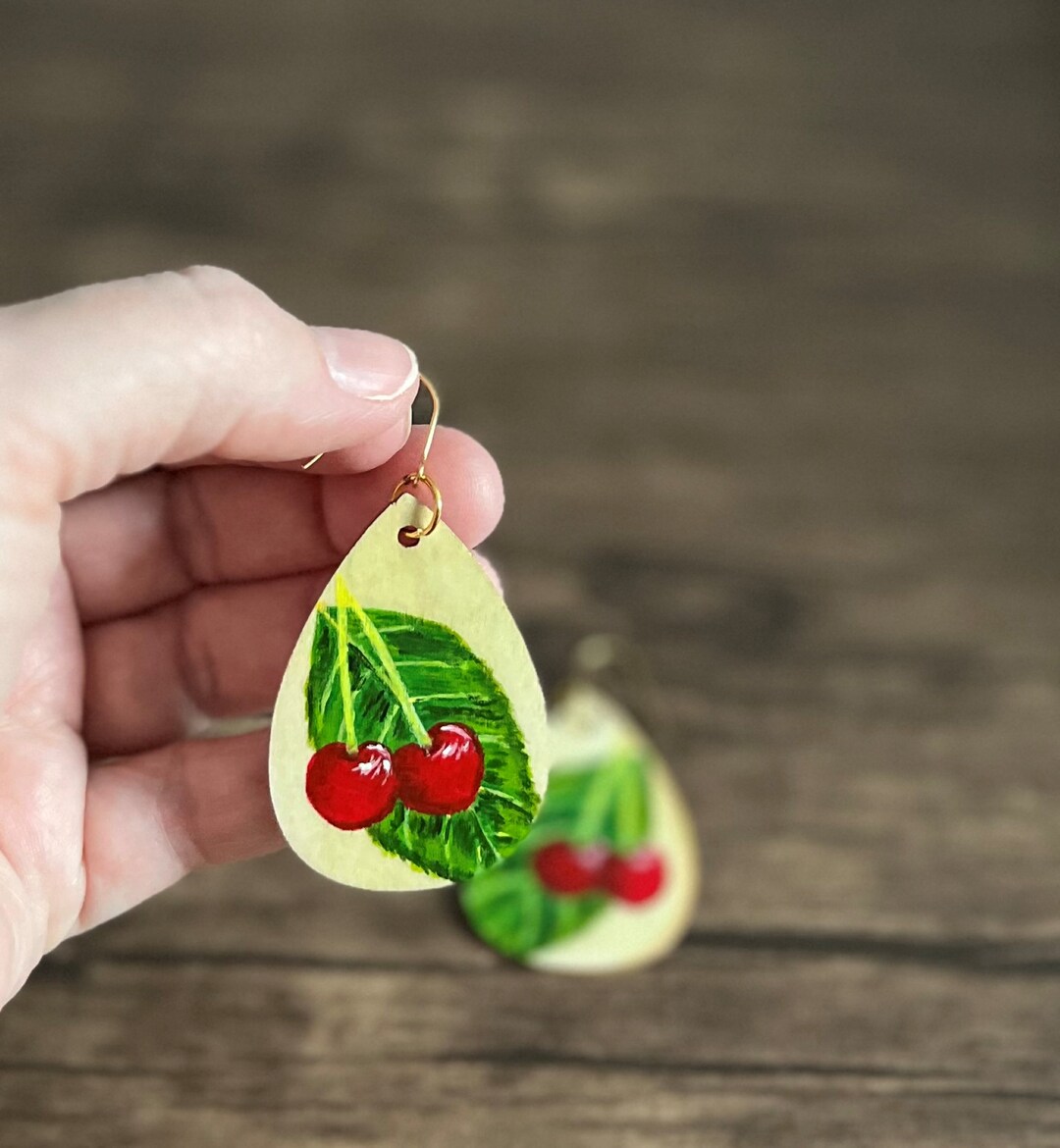 Hand Painted Door County Cherry Earrings, Lightweight Wooden Earrings ...