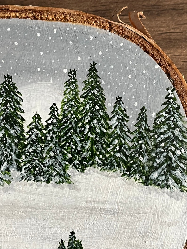Snowy Pine Forest Painting on Wood Slab Slice - Etsy
