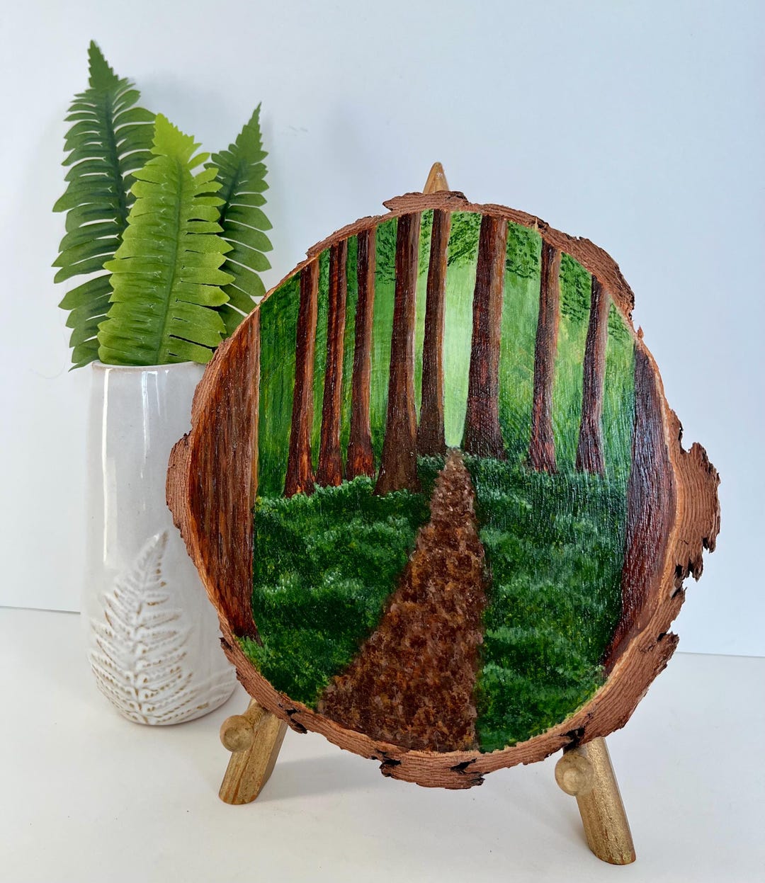 Forest Pine Trees Landscape Live Edge Wood Slice Painting - Etsy