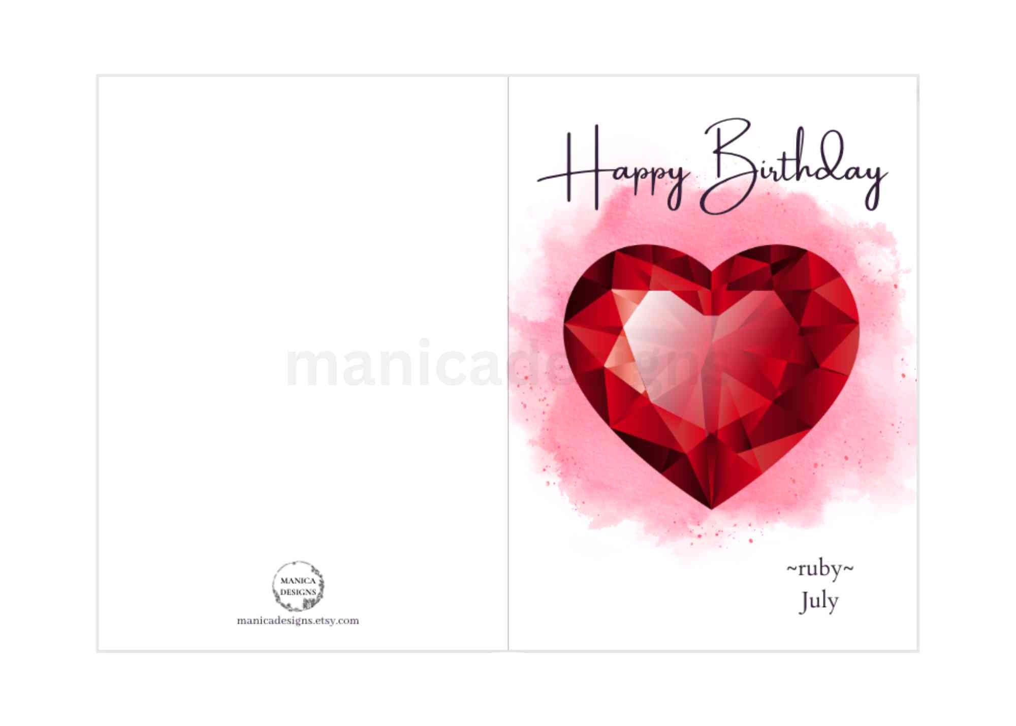 Printable July Birthday Card, July Birthstone Greeting Card, Ruby ...
