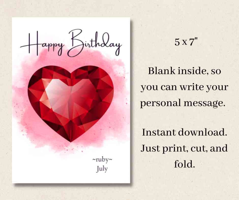 Printable July Birthday Card, July Birthstone Greeting Card, Ruby ...
