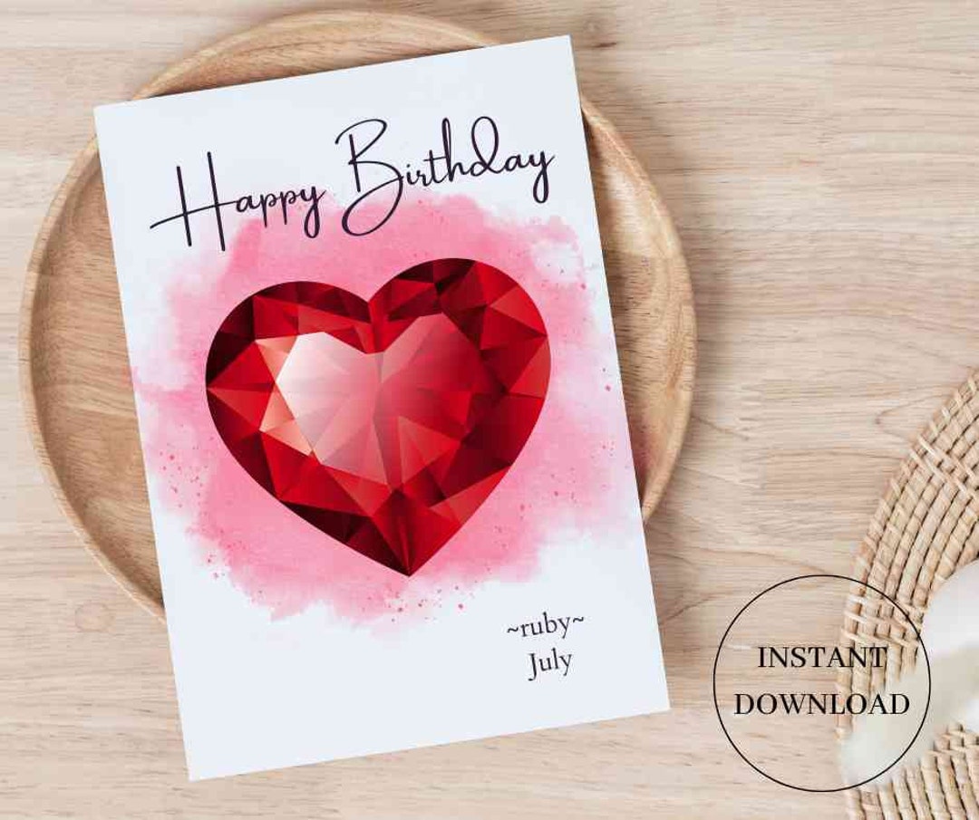 Printable July Birthday Card, July Birthstone Greeting Card, Ruby ...