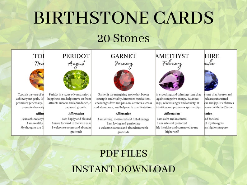 Printable Birthstone Information Cards, Crystal Affirmations (instant ...