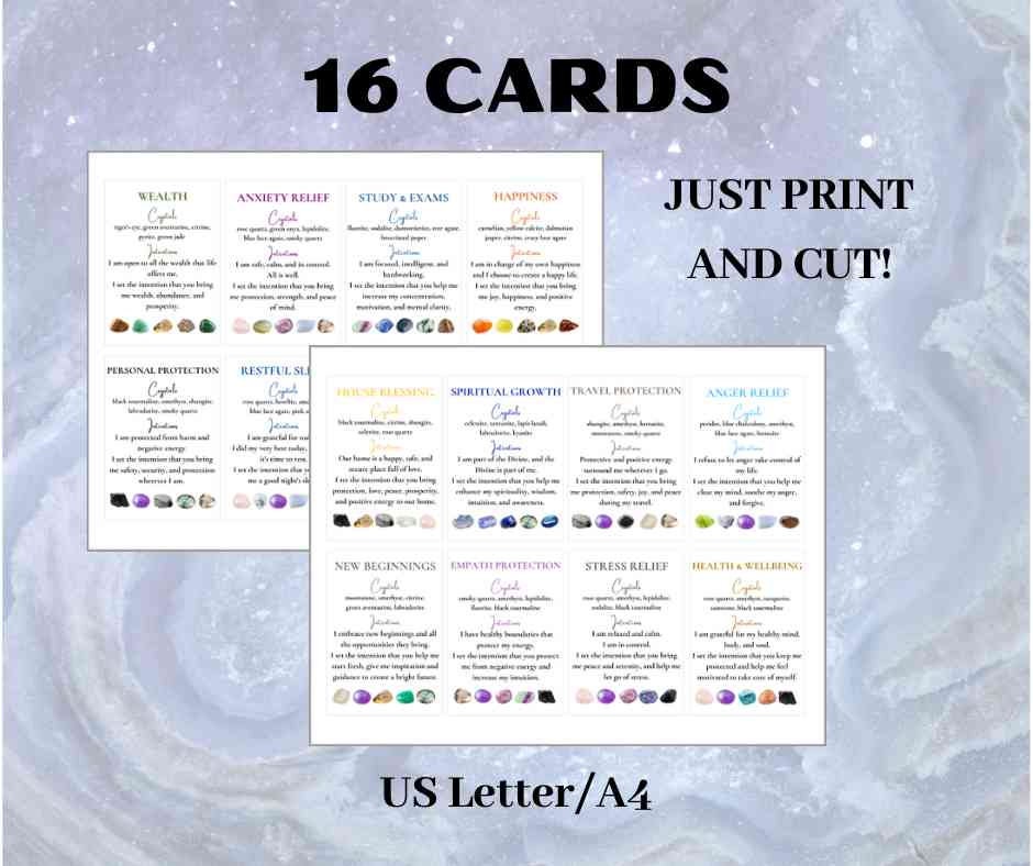 Printable Crystal Intention Cards, Crystal Charging Cards, Healing ...