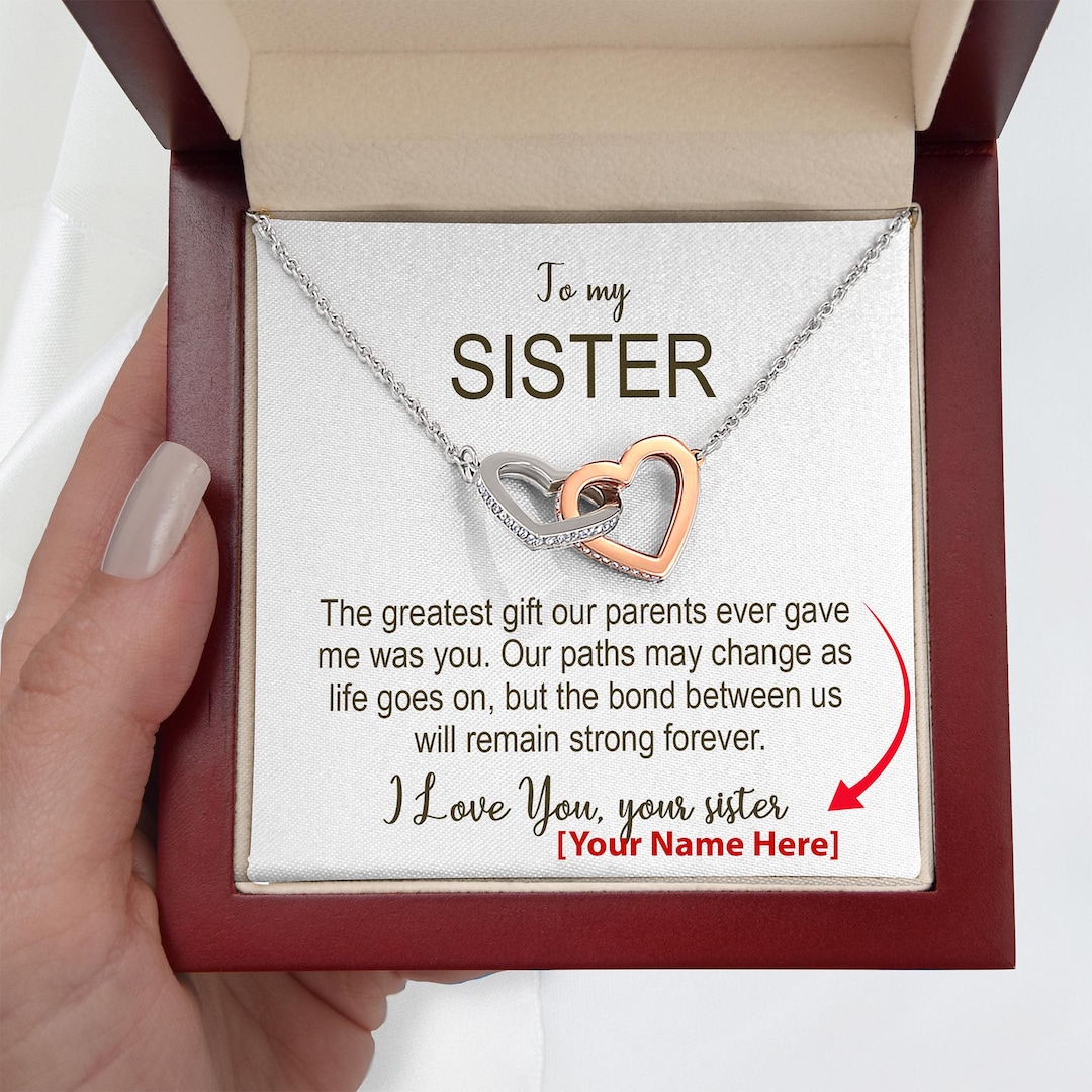 Sister Necklace Personalized Message Card Interlocking Hearts Gold ...