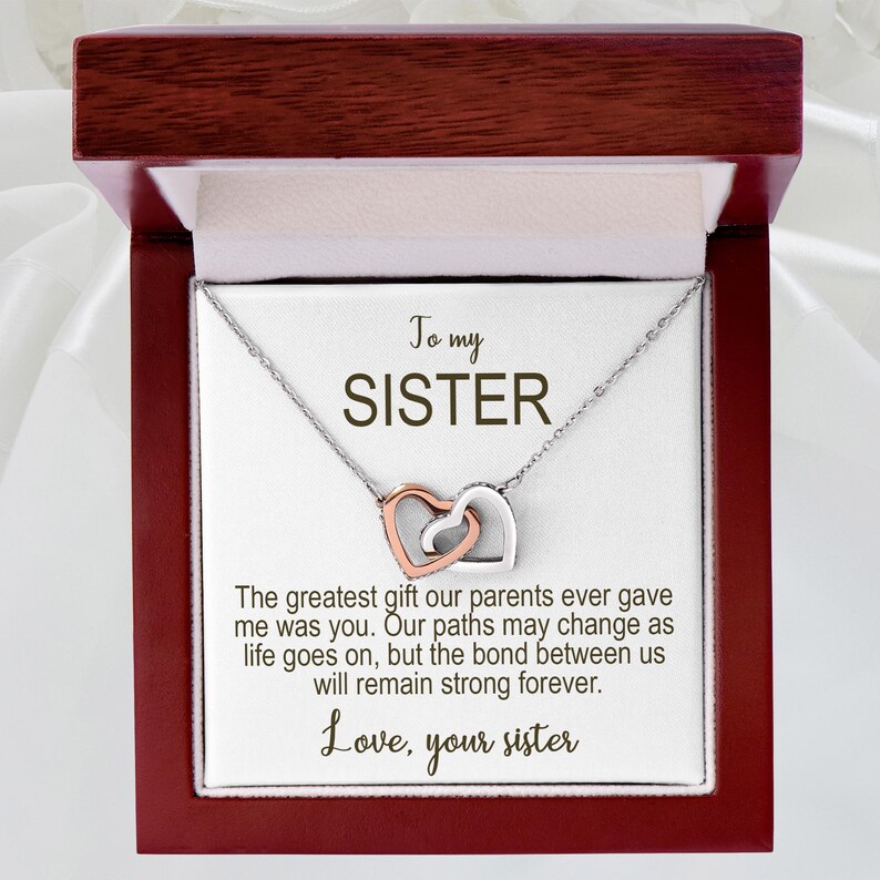 Sister Necklace Personalized Message Card Interlocking Hearts Gold ...