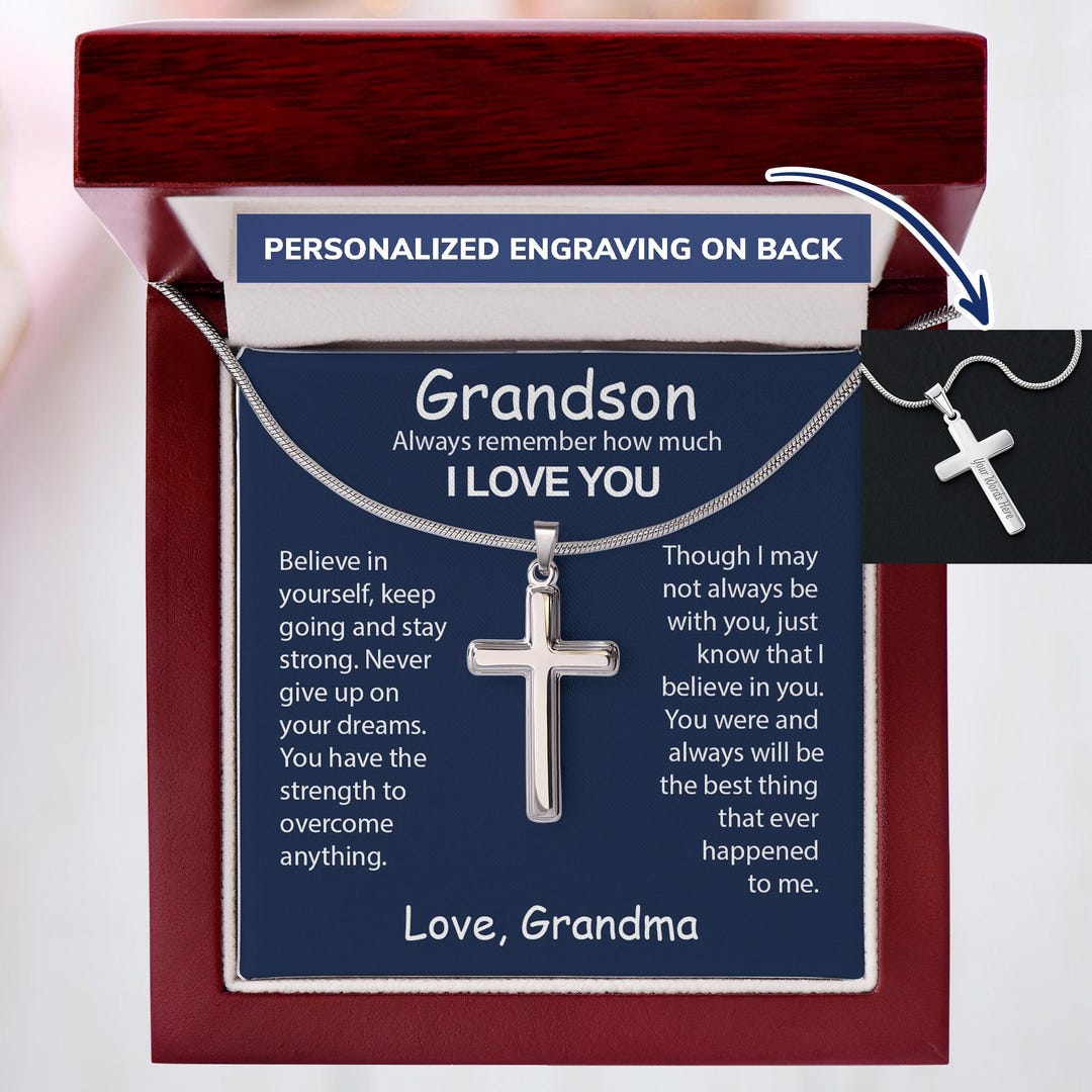 Grandson Gift Engraved Cross Necklace Personalized Message Card From ...