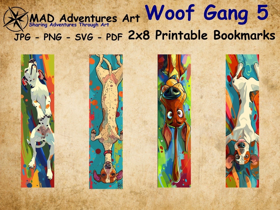 Woof Gang 5 Printable Bookmarks of Dogs, Fun 2x8 Dog Designs for the ...