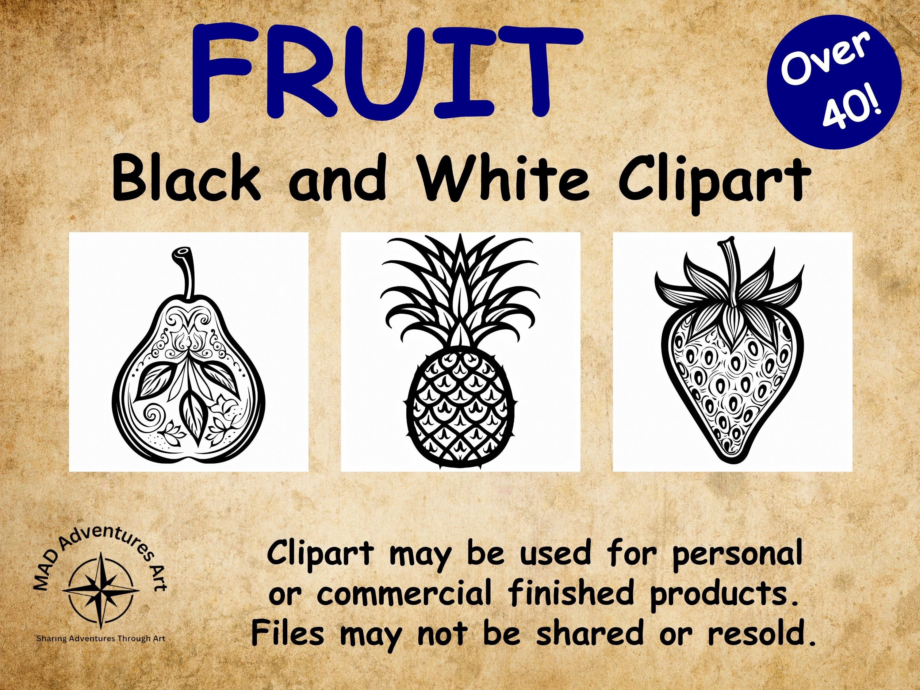 Black and White Fruit Clipart Bundle - Over 40 Designs With Fun Designs ...