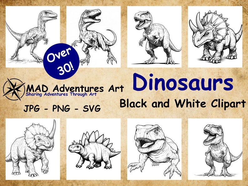 30+ Black/white Line Art Dinosaur Clipart Bundle - PNG, SVG, JPG ...