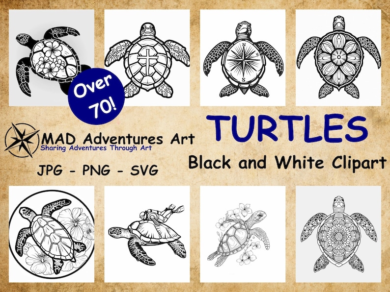Black and White Sea Turtle Clipart Over 70 Designs Sea Turtles With ...