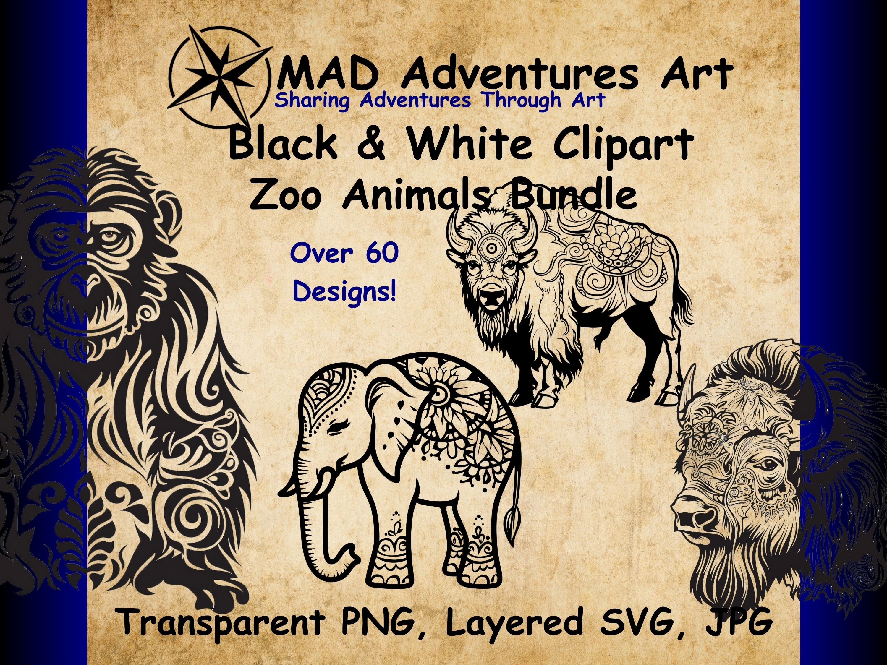 60+ Black/white Zoo Animals Bundle With Beautiful Designs - PNG, SVG ...