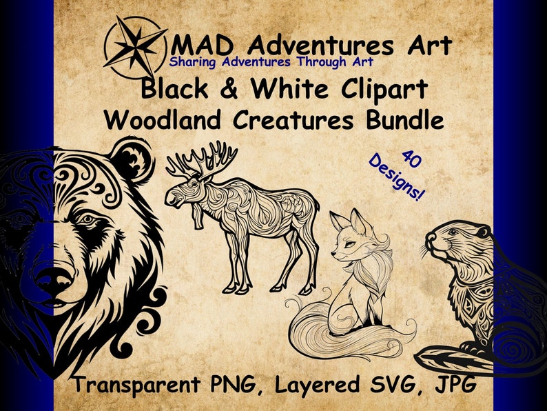 40 Black/white Woodland Creatures Bundle With Beautiful Designs - PNG ...