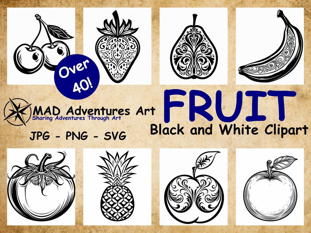 Black and White Fruit Clipart Bundle - Over 40 Designs With Fun Designs ...