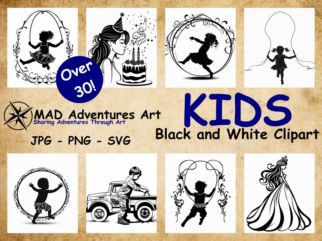 Black and White Kids Clipart Bundle - Over 30 Amazing Designs With ...
