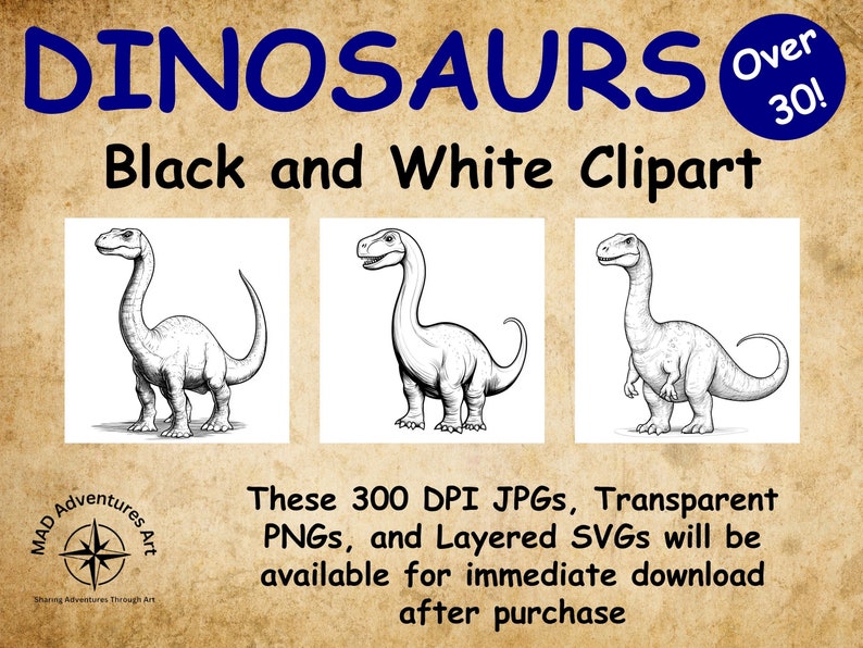 30+ Black/white Line Art Dinosaur Clipart Bundle - PNG, SVG, JPG ...