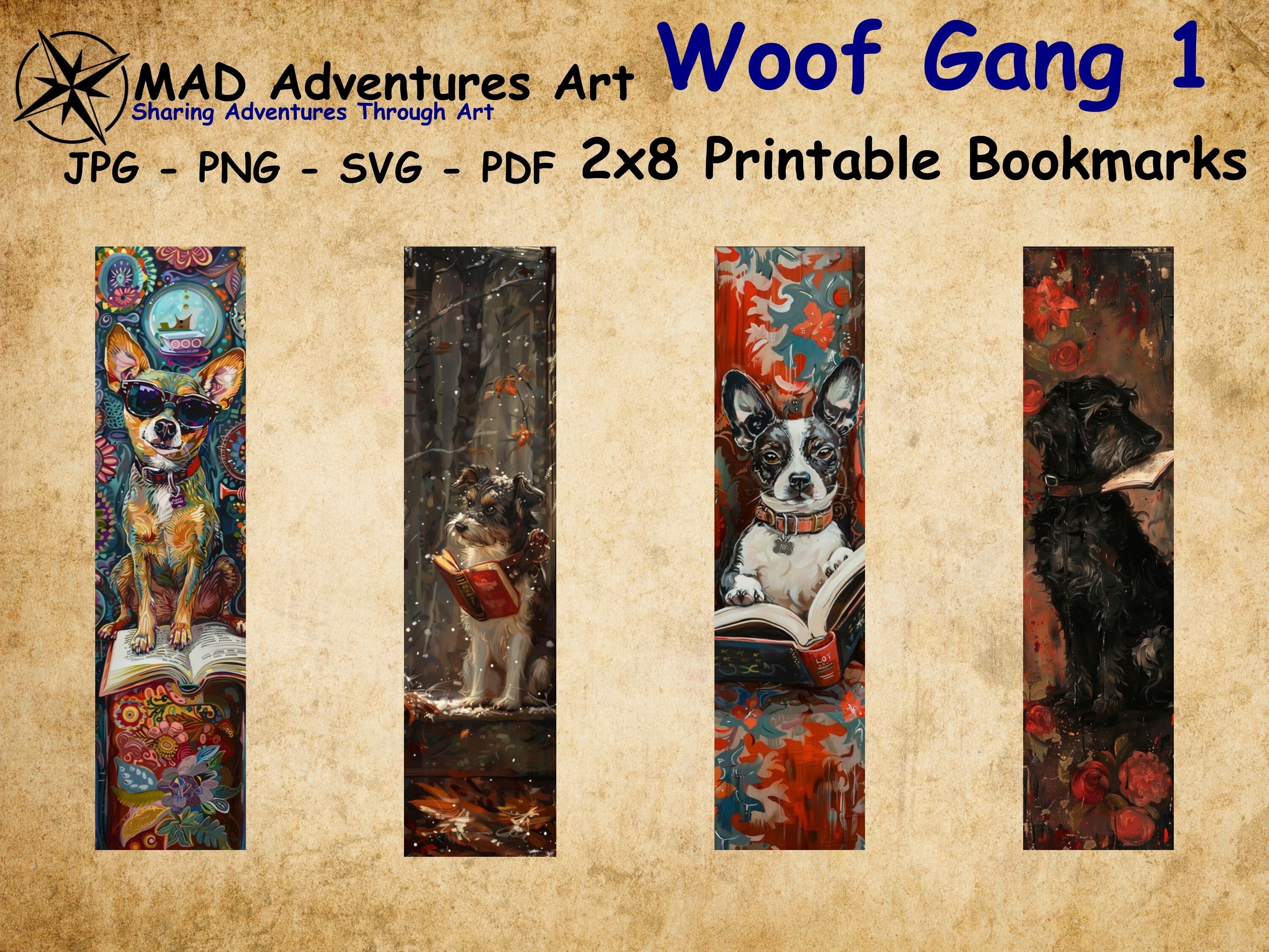 Woof Gang 1 Printable Bookmarks of Dogs, Fun 2x8 Dog Designs for the ...