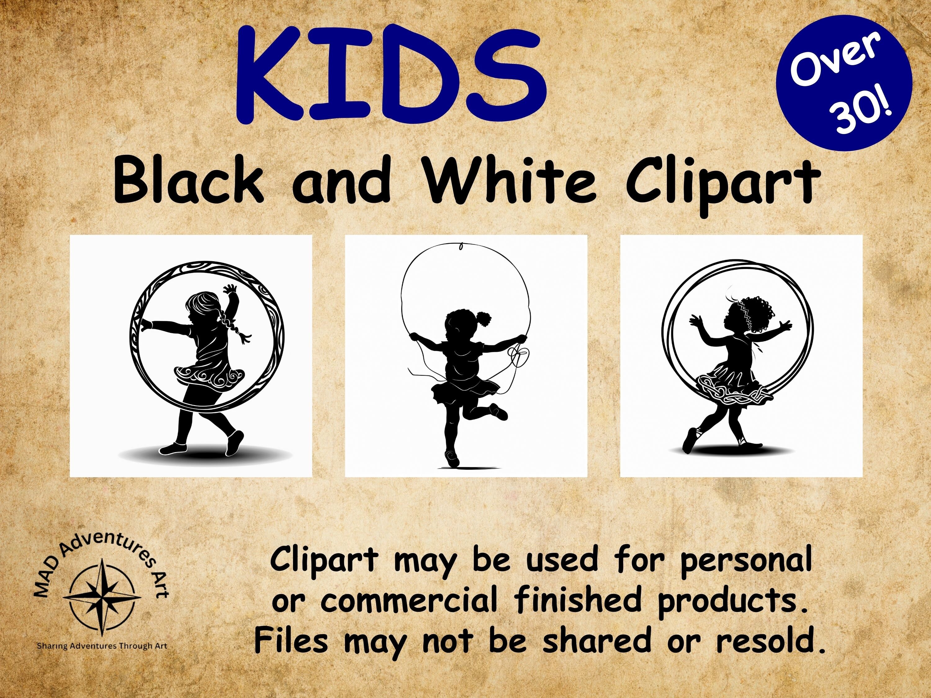 Black and White Kids Clipart Bundle: Playing, Parties (PNG, SVG, JPG ...