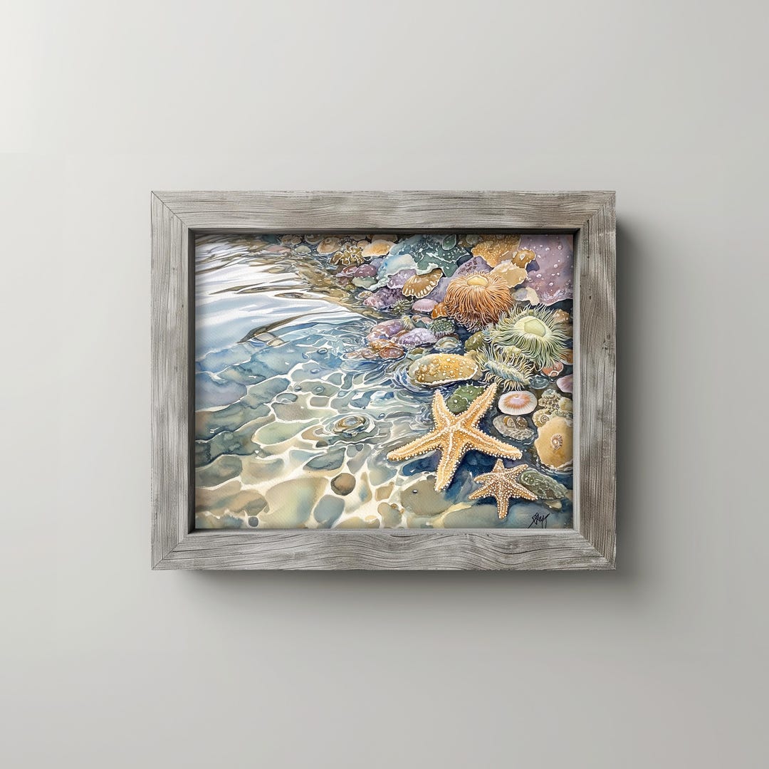 Rustic Tidepool Watercolor - Printable Coastal Sea Life Art, Starfish ...