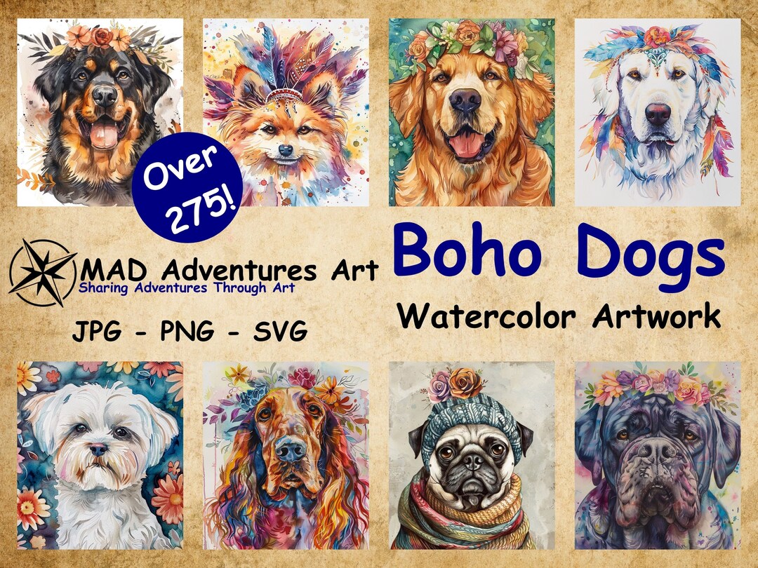 Over 275 Boho Dogs - Watercolor Artwork Bundle With Amazing Designs ...