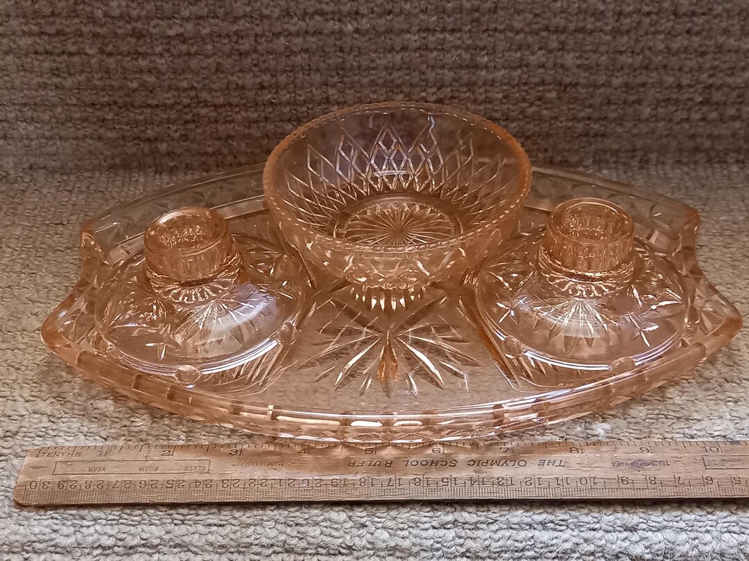 Vintage Pink Cut Glass Trinket Set: Antique Vanity Decor - Etsy