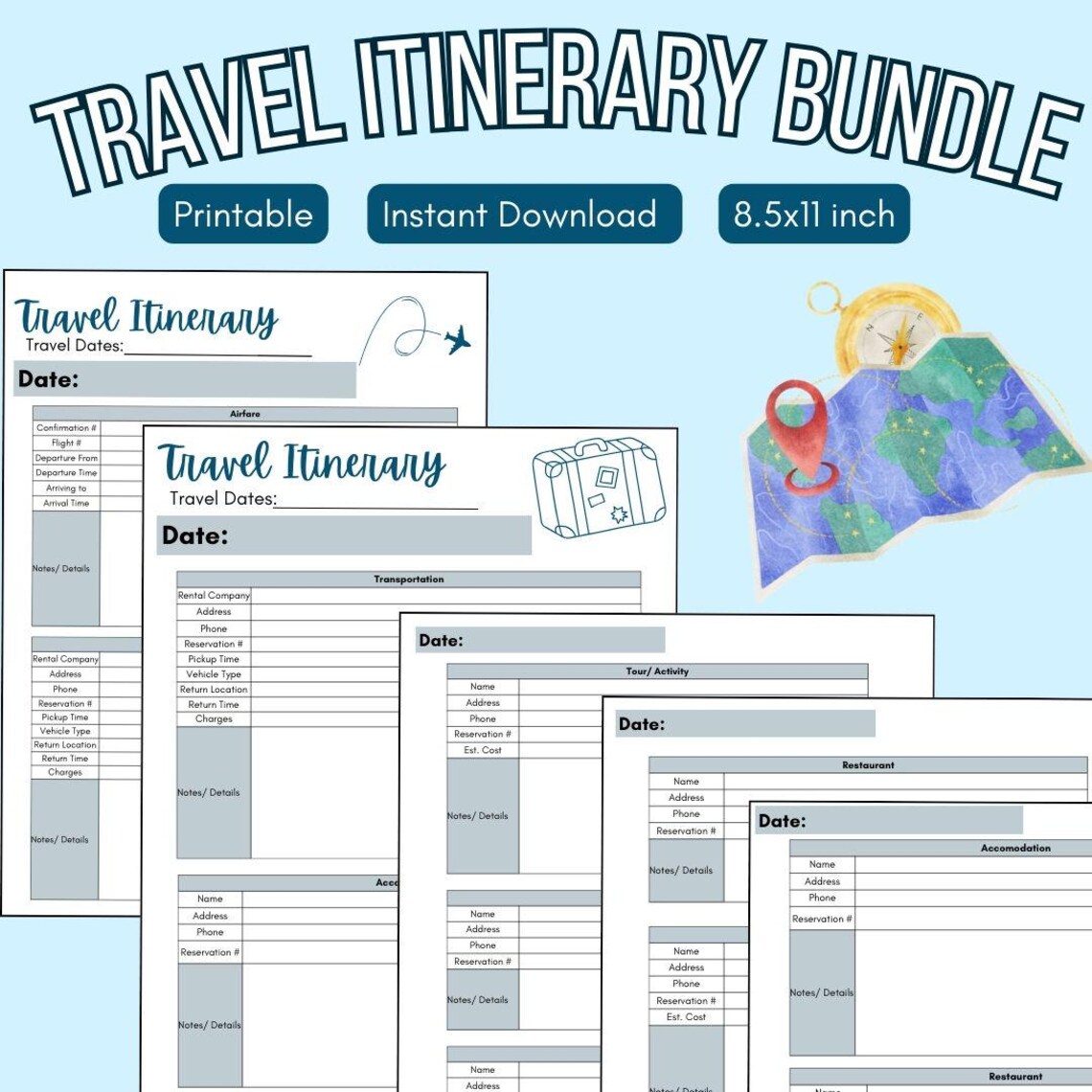 Simplistic Travel Itinerary Printable, Vacation Planner, Travel Planner ...