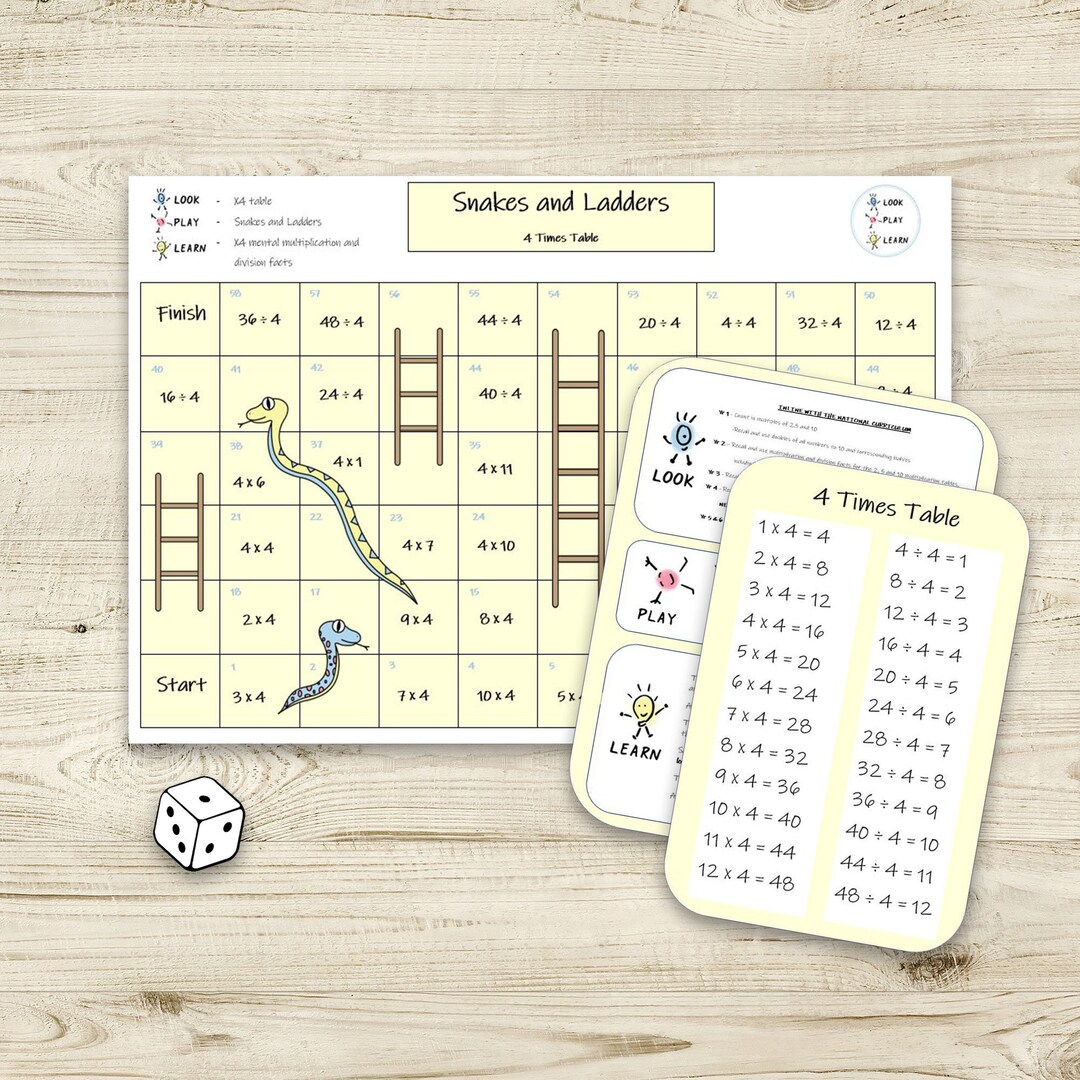 4 Times Table Maths Game Snakes and Ladders Board Game - Etsy UK
